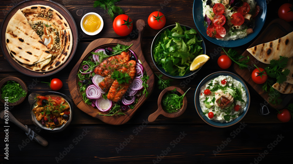 Selection of traditional greek food - salad, meze, pie, fish, tzatziki ...
