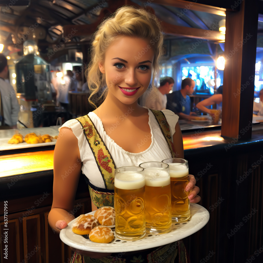 Oktoberfest waitress, wearing a traditional Bavarian dress, serving ...