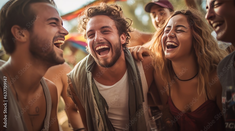 Group of friends having a good time chatting and laughing, group of mix ...