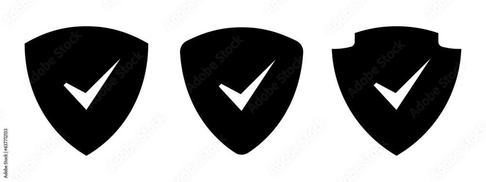 Security shield icon set. Security shields logotypes with check mark, tick mark, right and yes ...