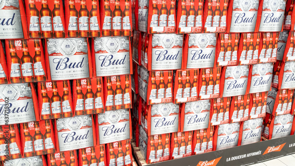 bud logo sign and brand text on pack of stacked beer bottles beer pack ...