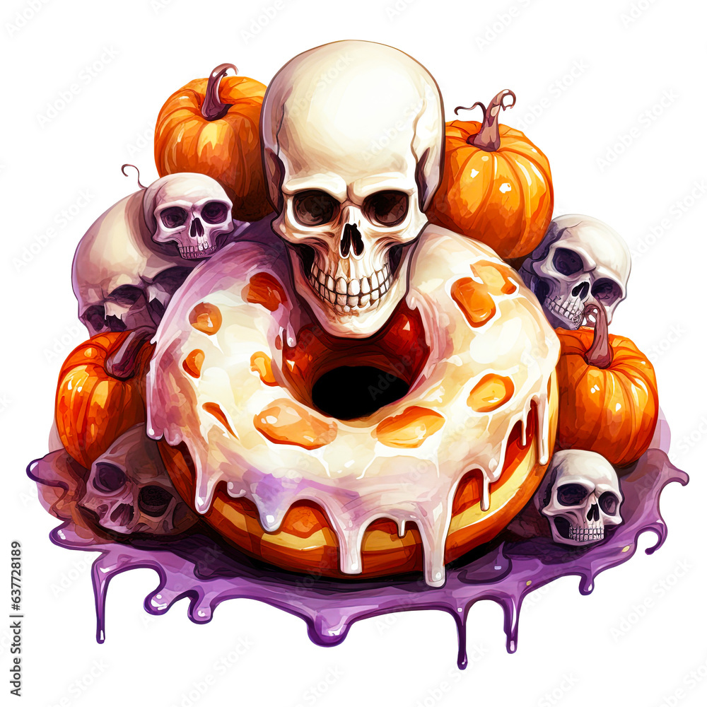 Scary Halloween donut with skulls Watercolor Clipart isolated on ...