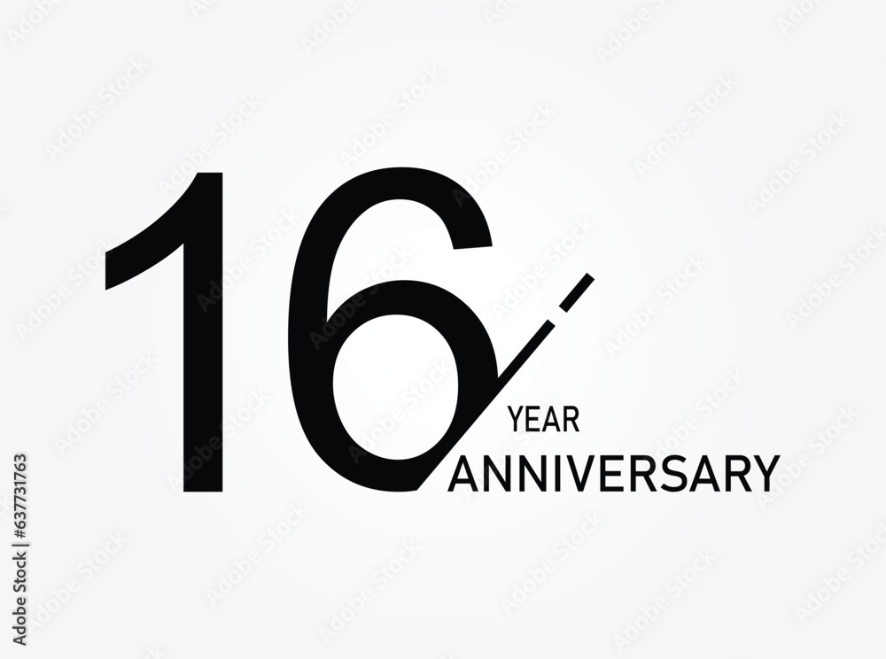 16 years anniversary logo template isolated on white, black and white ...
