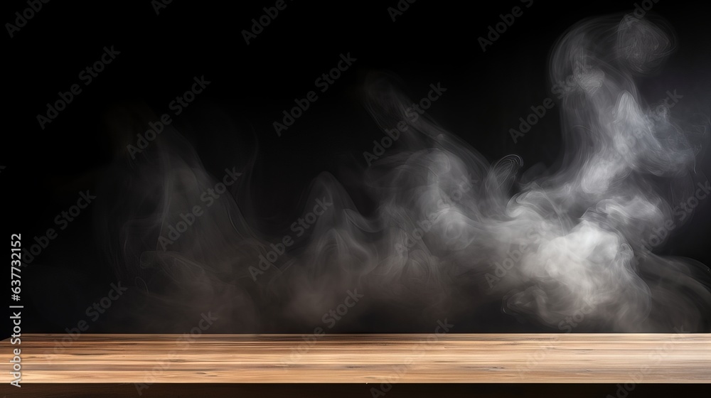 Smoke rising from empty wooden table on dark background - product ...
