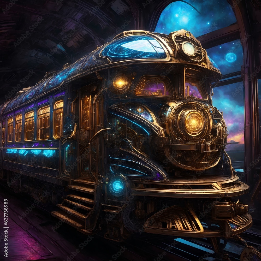 artwork of Advanced steam train with beautiful colors and lights Stock ...
