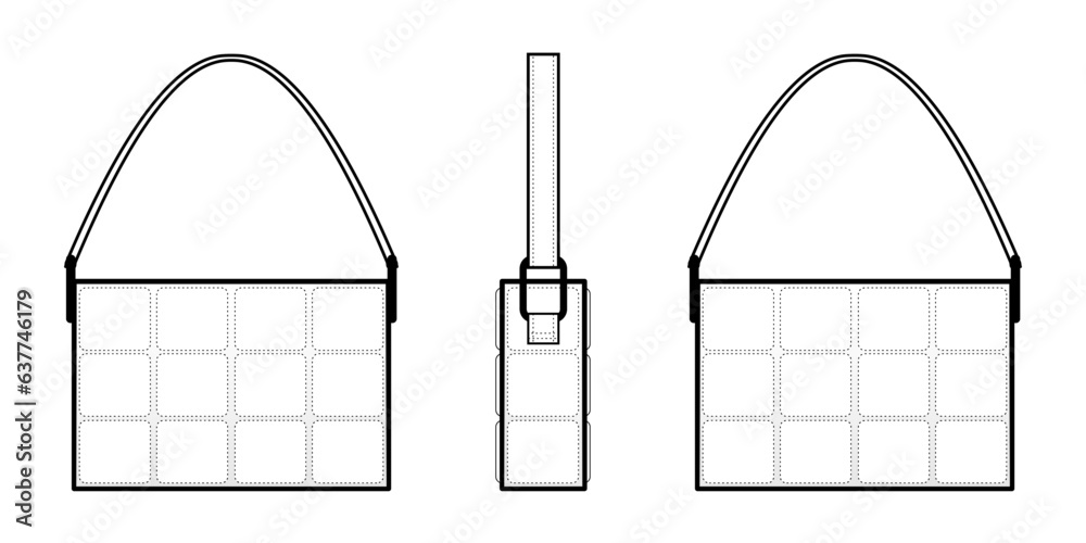 Quilted handBag fashion flat technical drawing template. Quilted ...