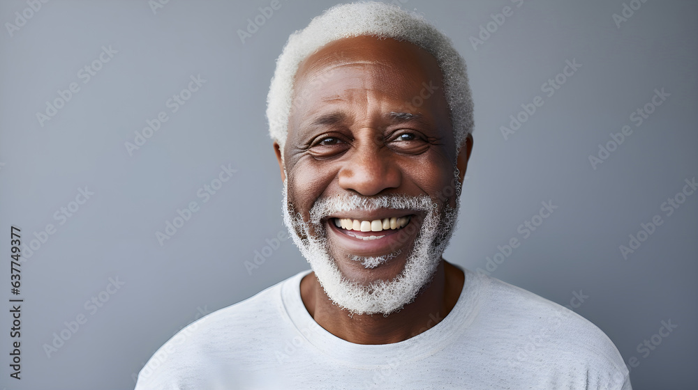 Handsome senior black man with white hair, smiling, displaying vibrant ...