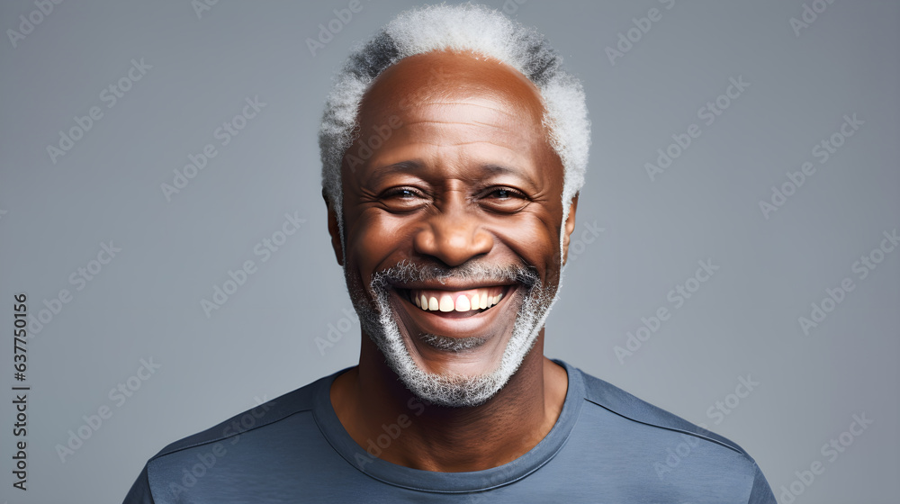 Handsome black senior man with white hair, smiling to camera on grey ...