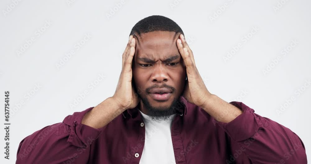 Face, shock and black man with stress, confused and model with facial ...