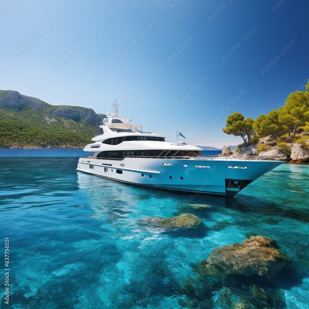 Big luxury yacht sailing through the sea with an island and a blue sky ...