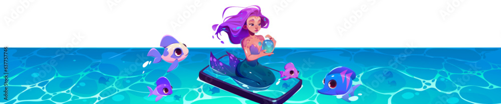 Cartoon mermaid floating on sea water surface with bubble in hands ...