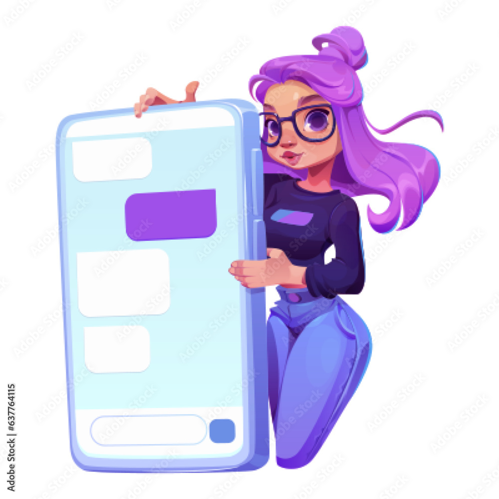 Happy girl using big phone full screen message. Telephone icon with ...