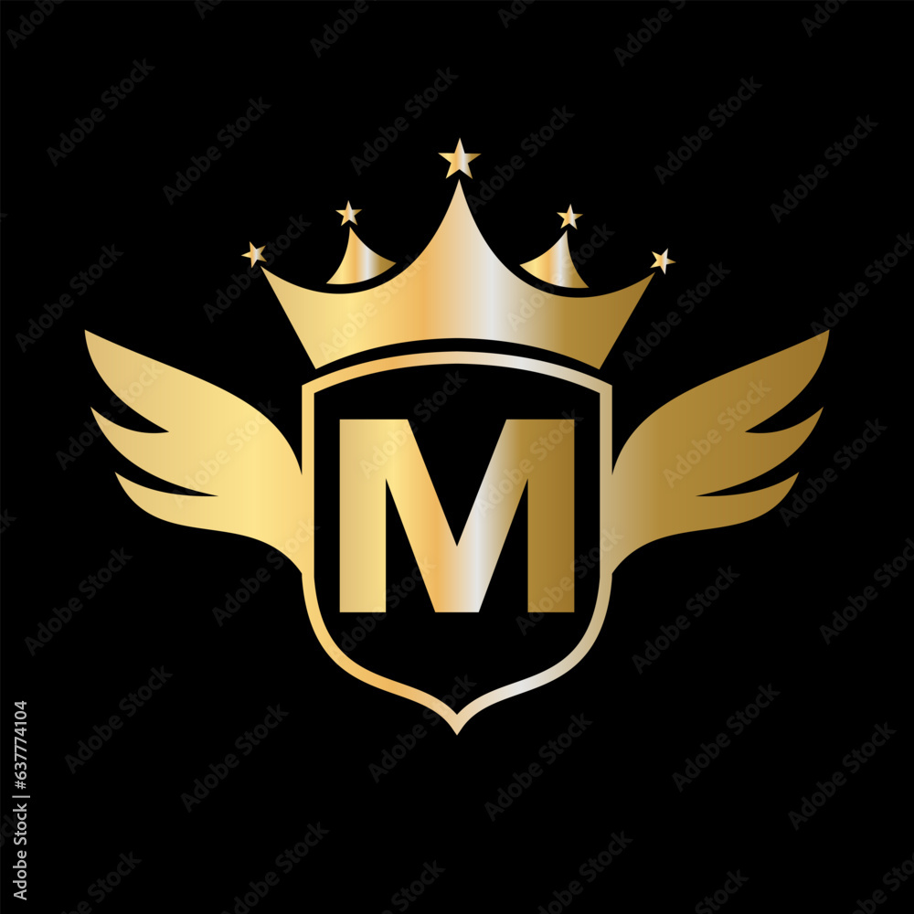 Letter M Transportation Logo With Wing, Shield And Crown Icon. Wing ...