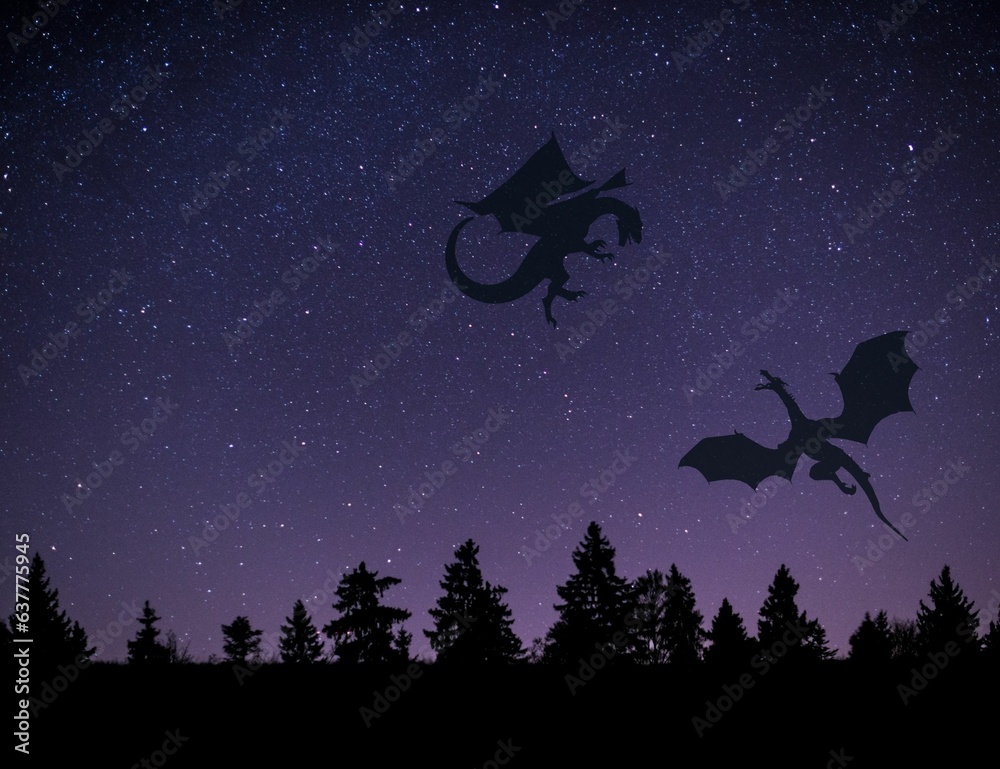 Flying dragons, dragon, night, blue, fighting, illustration, vector ...