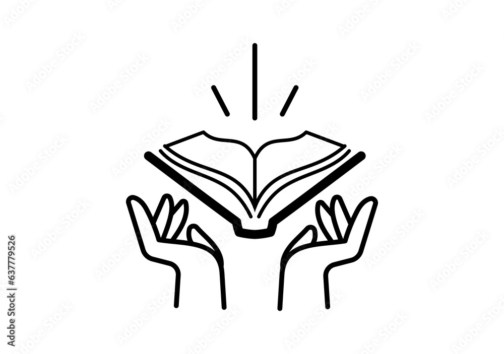 Vector black and white illustration of hand and open book on white ...