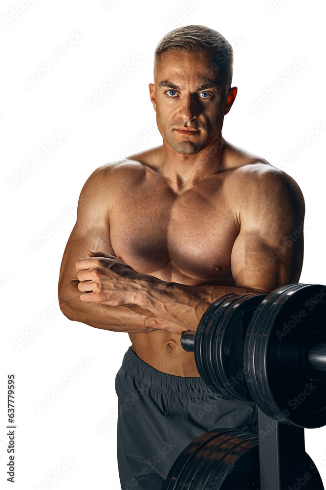 Strong man with barbell. Shirtless bodybuilder portrait with barbell ...