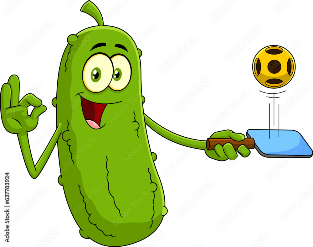 Funny Pickle Cartoon Character Present Pickleball. Vector Hand Drawn ...