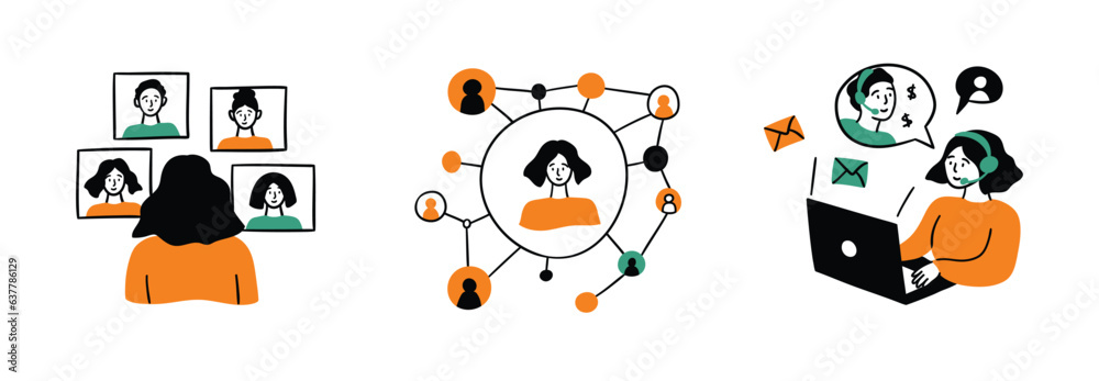 Cartoon Color Teamwork Concept Scene Set Flat Design Style Online ...