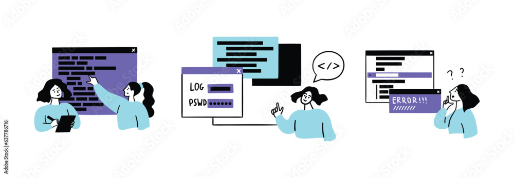 Cartoon Color Web Development Concept Scenes Set Flat Design Style. Vector illustration of ...