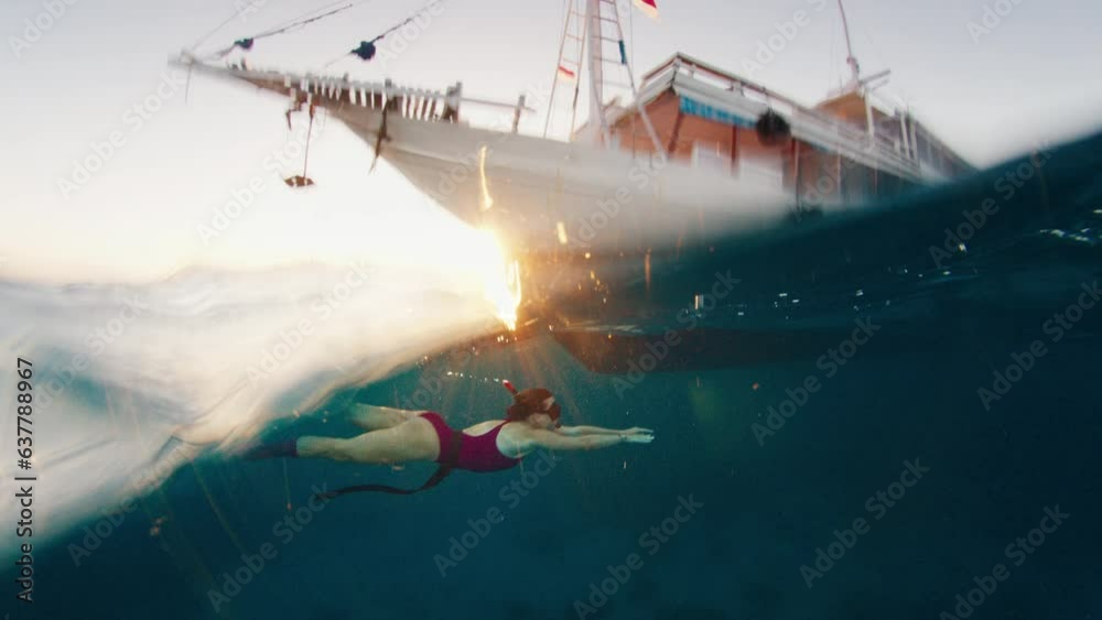 Live aboard and freediving. Woman freediver swims underwater in the sea ...
