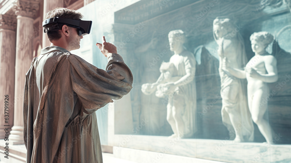Person in authentic clothes with virtual glasses, exploring historical ...