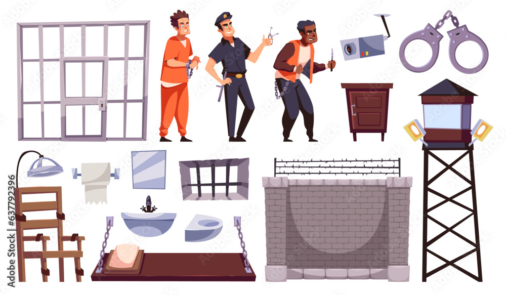 Cartoon prison elements. Policeman with male criminals, barbed wire ...