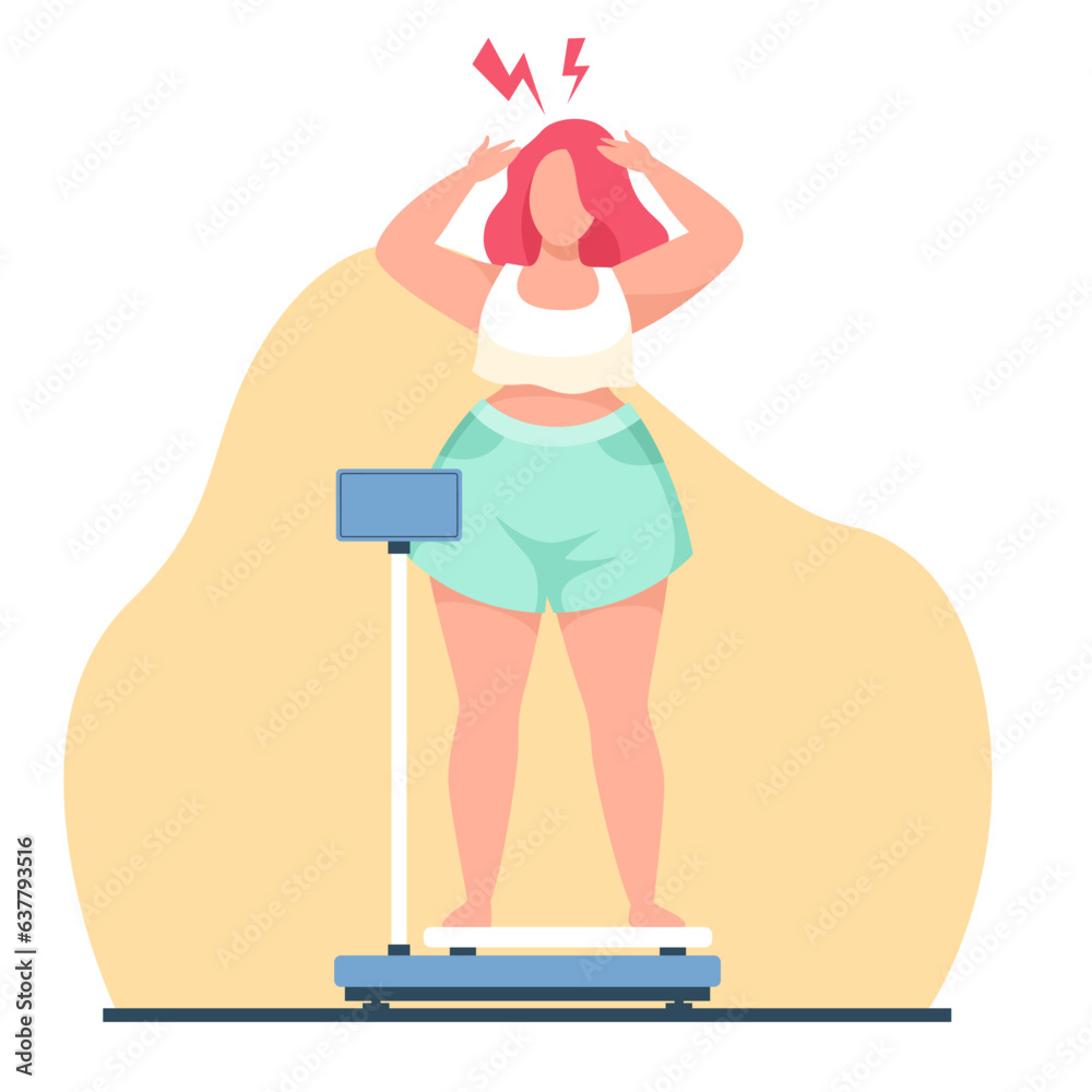 Concept of being overweight, fat girl scared that scale shows lot of ...