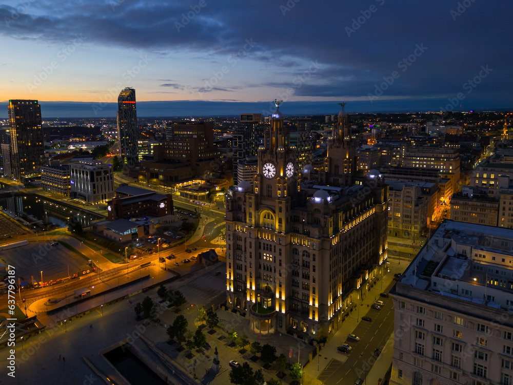 Liverpool, Merseyside, UK, August 9, 2023; Aerial Night time view of ...