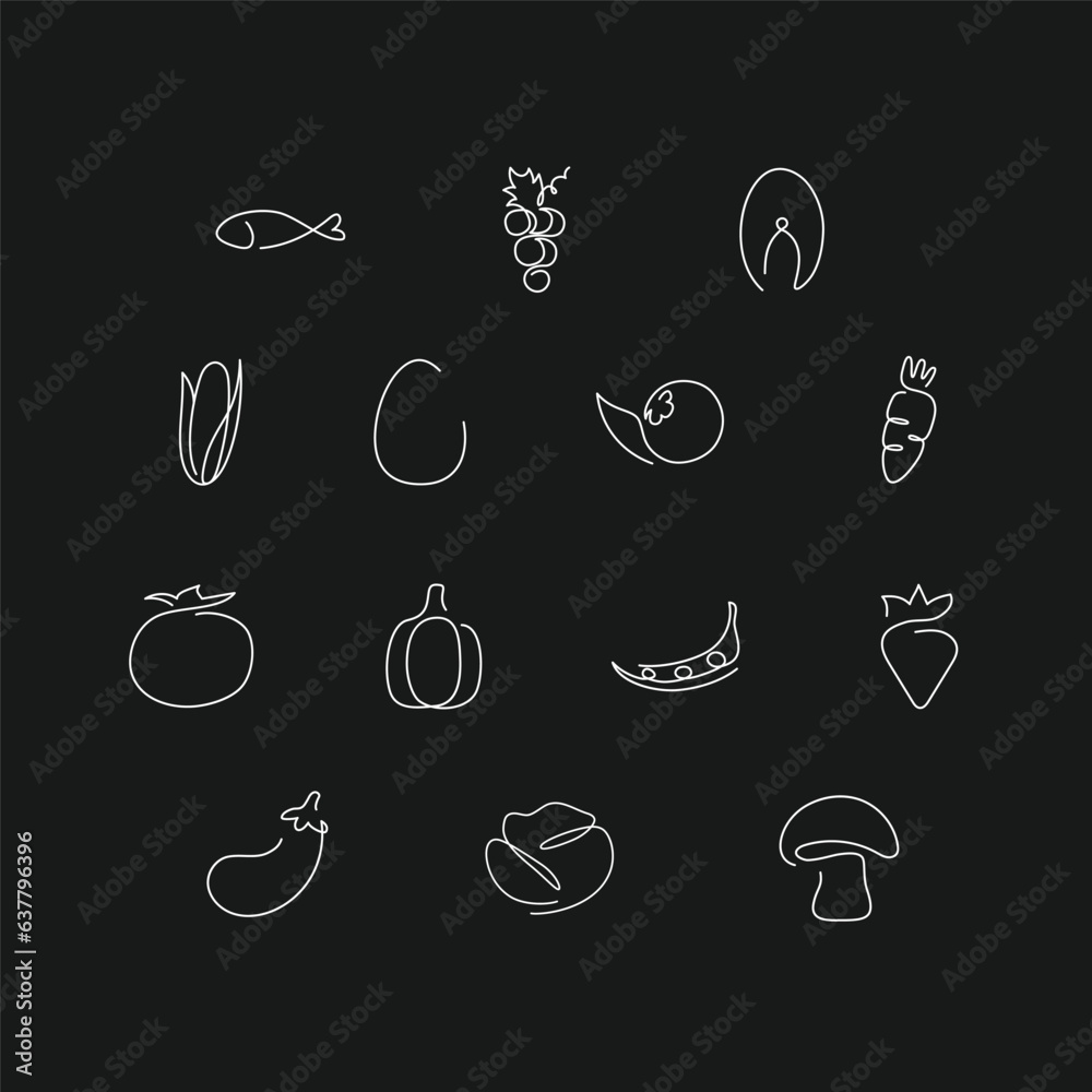 Set of 14 linear icons of fruits and vegetables. Collection of vector ...