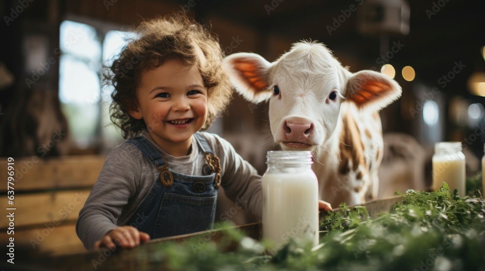 Baby Boy milk the cow, playing with cow on a milk meadow farm, happy ...