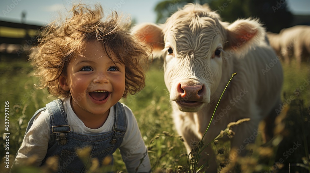 Baby Boy milk the cow, playing with cow on a milk meadow farm, happy ...