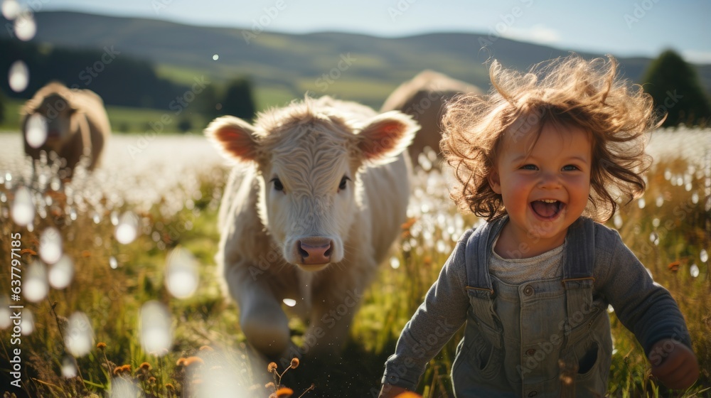 Baby Boy milk the cow, playing with cow on a milk meadow farm, happy ...