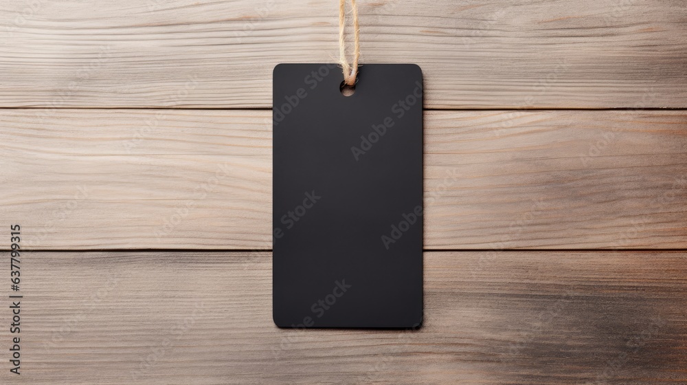 Blank black paper label made from recycled kraft paper hanging on white ...