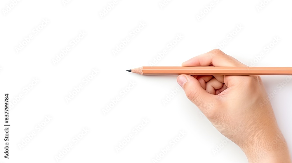 Female hand holding pencil on white background mockup with copy space ...