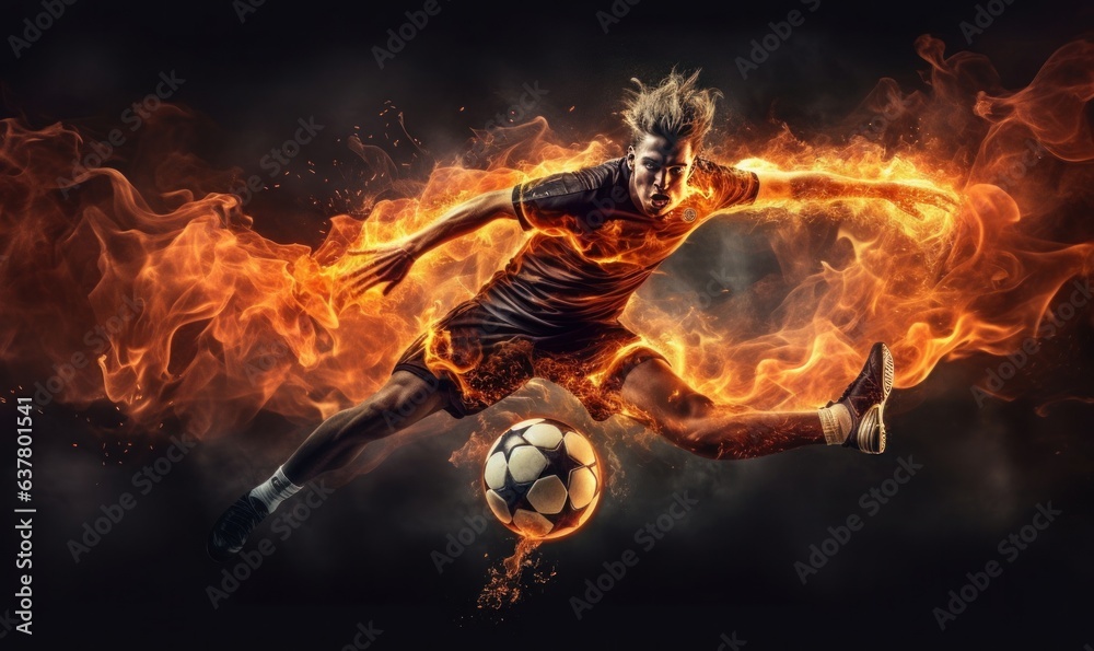 soccer player with football fire flame flying. sport action for ...