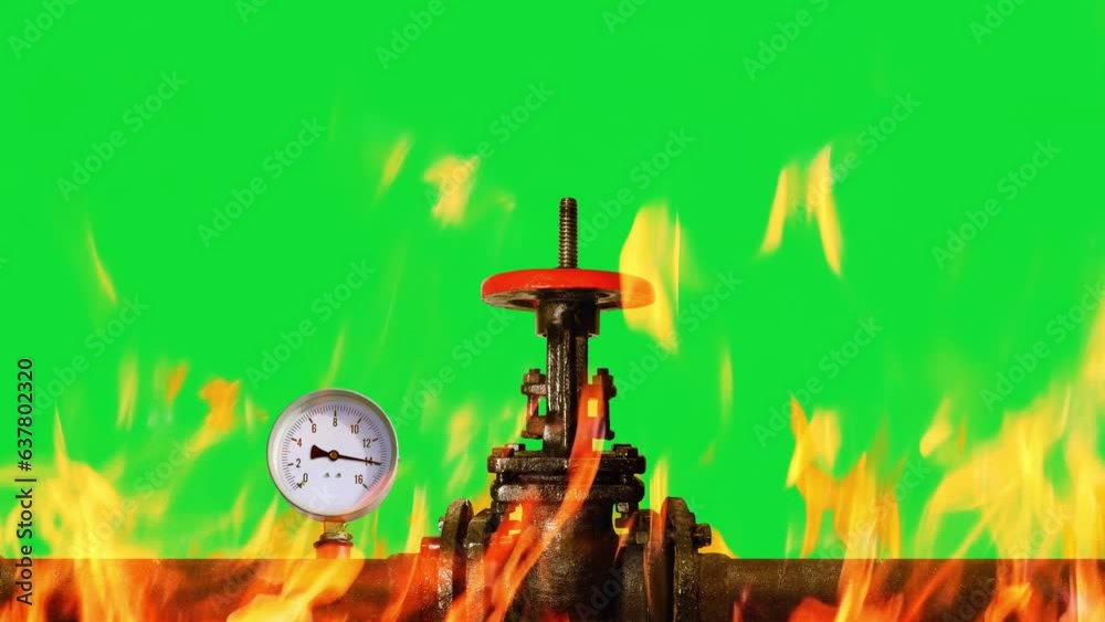 Concept of a burning gas pipeline on an isolated green background ...
