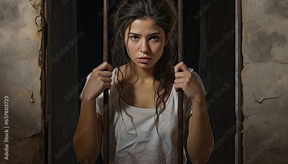 Young woman in white clothes looking from behind bars. trapped woman ...