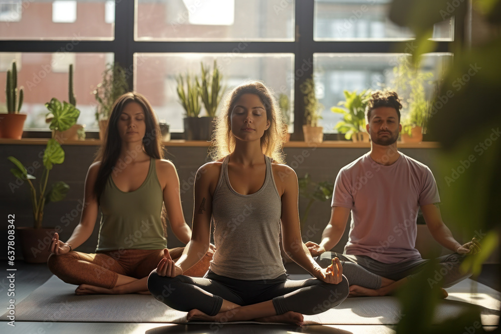Young adults meditating in yoga class, focusing on flexibility and ...