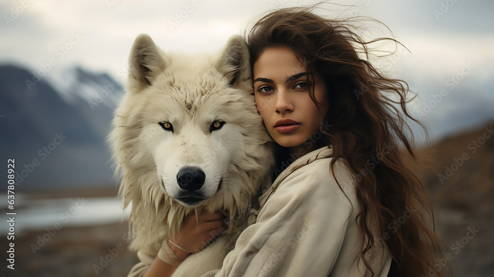 Close-up of beautiful Middle-Eastern woman with white wolf tamed by her ...