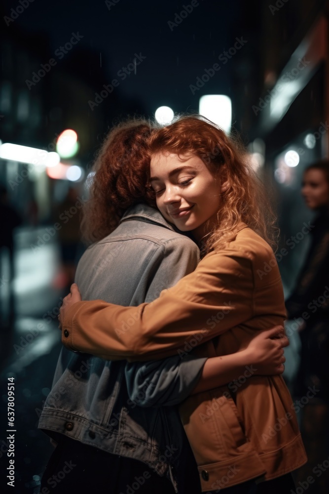 shot of two young women hugging in the street after a night out Stock ...