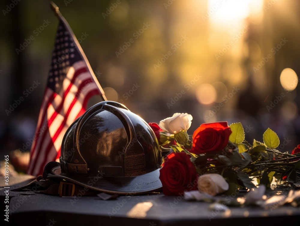 A firefighter's helmet rests beside a flag-draped memorial, a tribute ...
