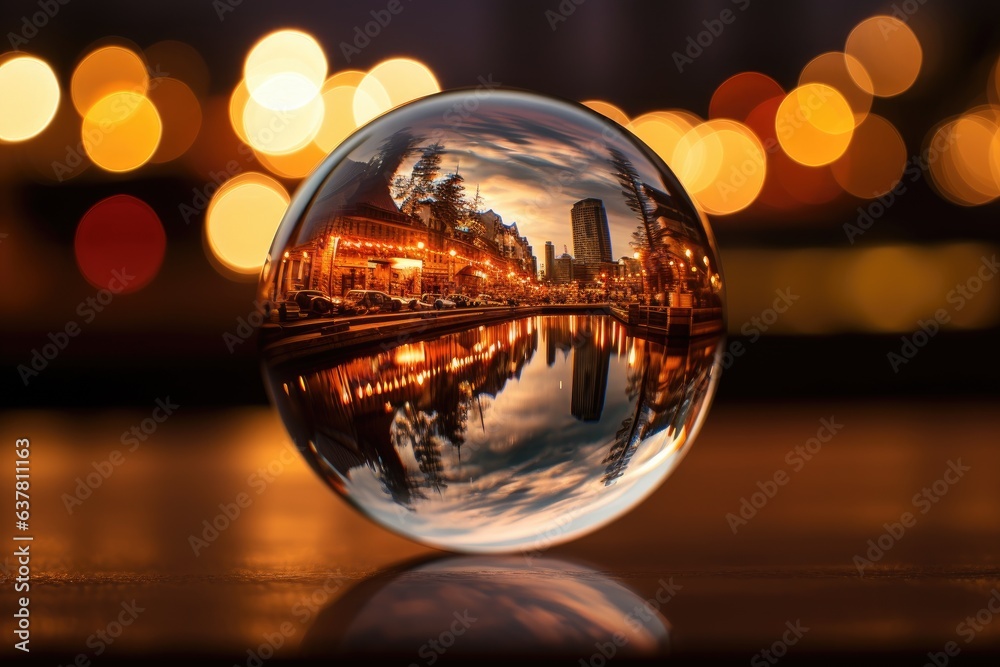 transparent glass ball reflecting a city night scene (Generative AI ...