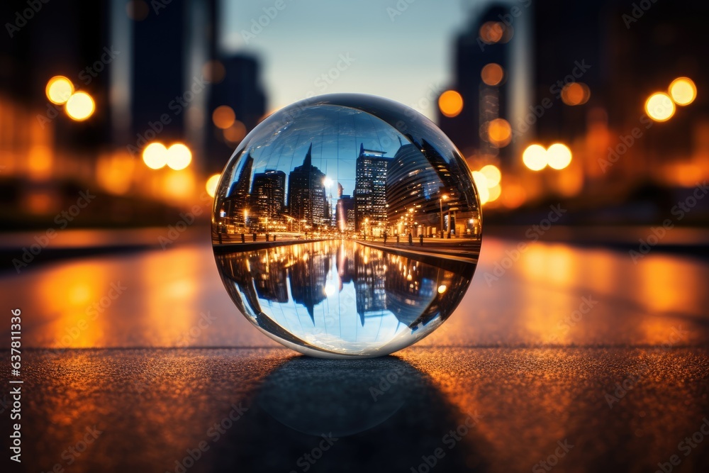transparent glass ball reflecting a city night scene (Generative AI ...