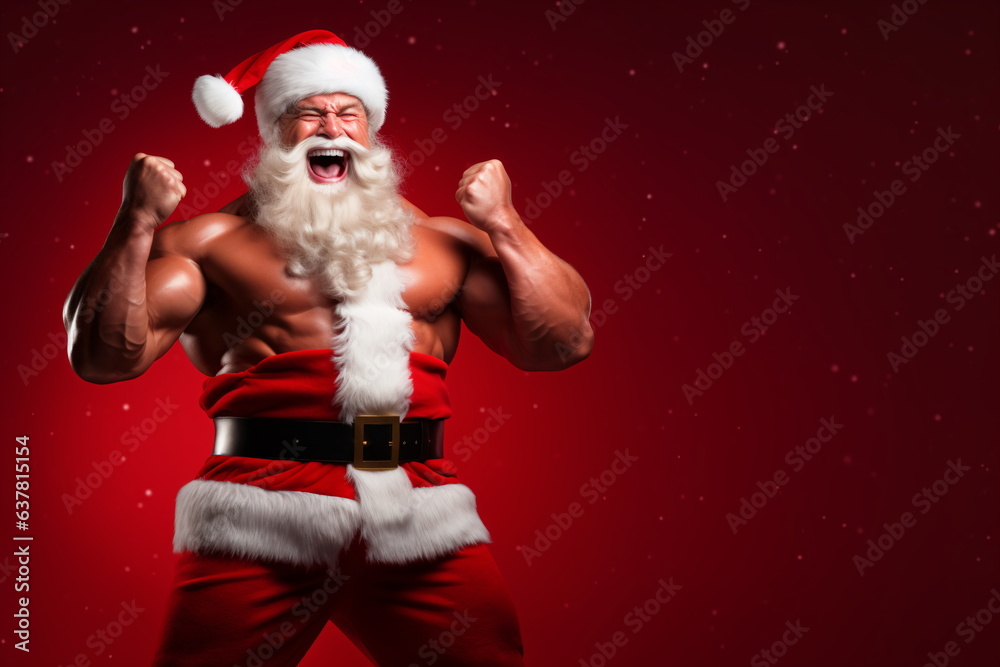 Sexy and muscular Santa Claus on red background showing his muscles ...