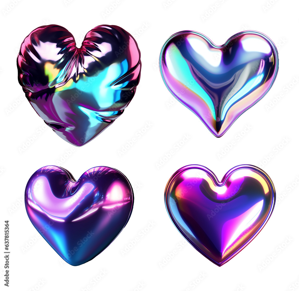 Holographic chrome heart icons isolated. Melted metal hearts png with ...