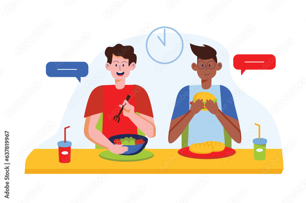 School canteen concept with people scene in the flat cartoon style ...