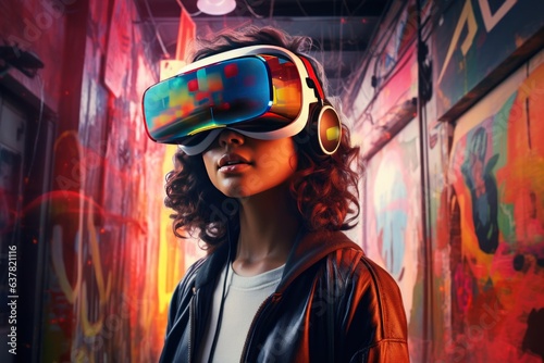 Young woman wearing VR augmented reality goggles in futuristic corridor ...