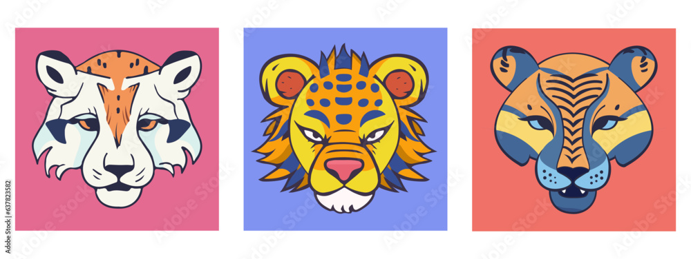 Set of trendy groovy animal monster heads in american 70s 80s cartoon ...