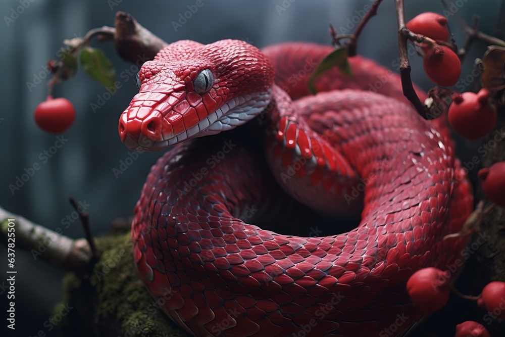 a close-up macro shot of a red snake coiling around a tree branch, dark ...