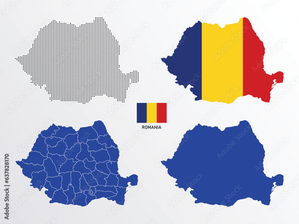 Set of political maps of Romania with regions isolated and flag on ...